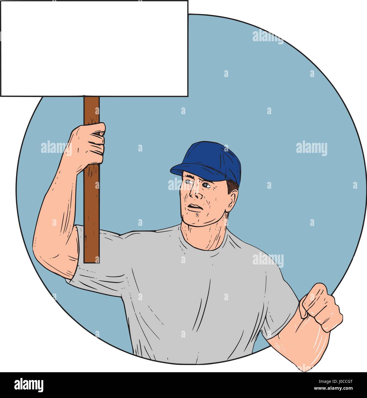 Drawing sketch style illustration of an industrial worker protester ...