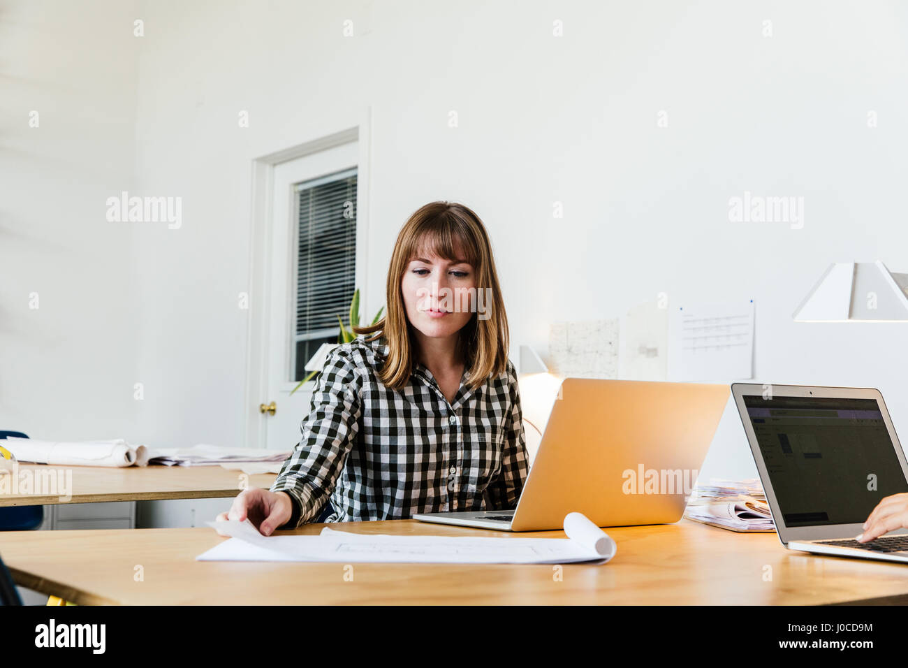 Woman sitting at desk in office working on laptop Stock Photo - Alamy