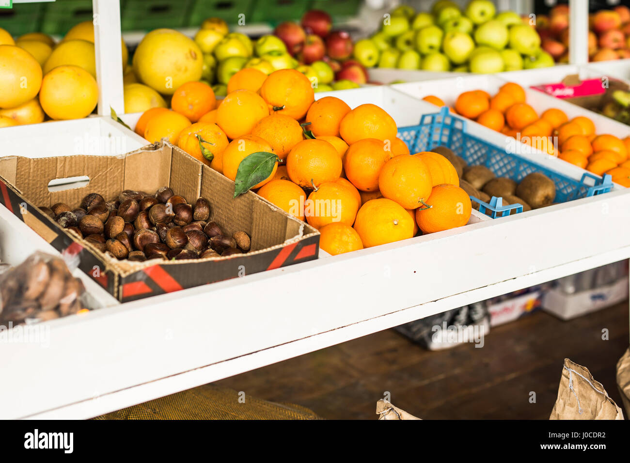 Fruit market with various colorful fresh fruits and vegetables Stock ...