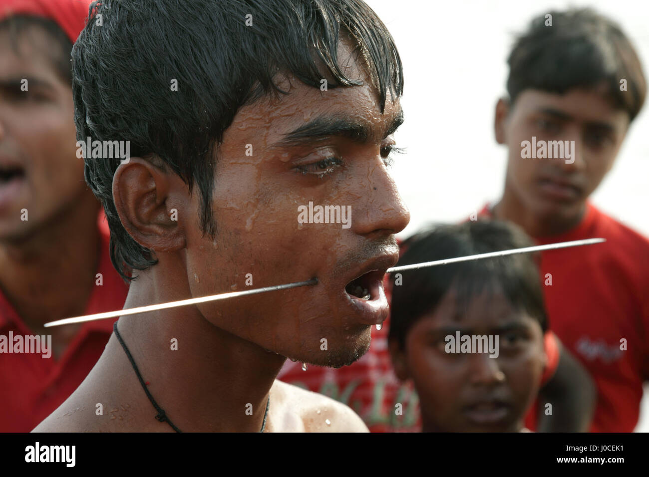 Man with needle pierced in cheeks, charak pooja, west bengal, india ...
