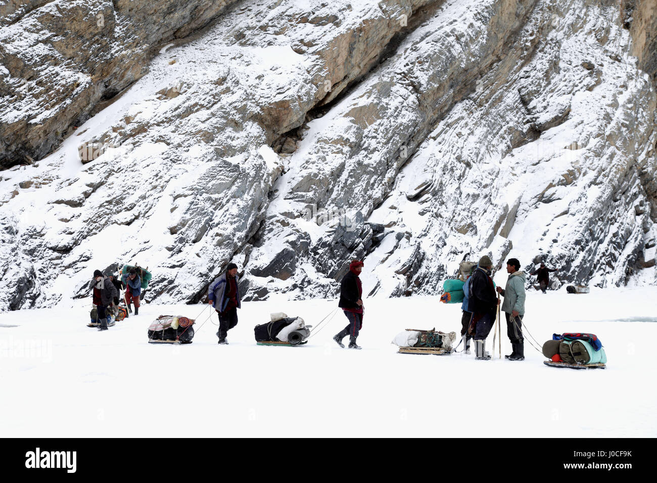 People carrying luggage, chadar trek, ladakh, jammu and kashmir, india ...