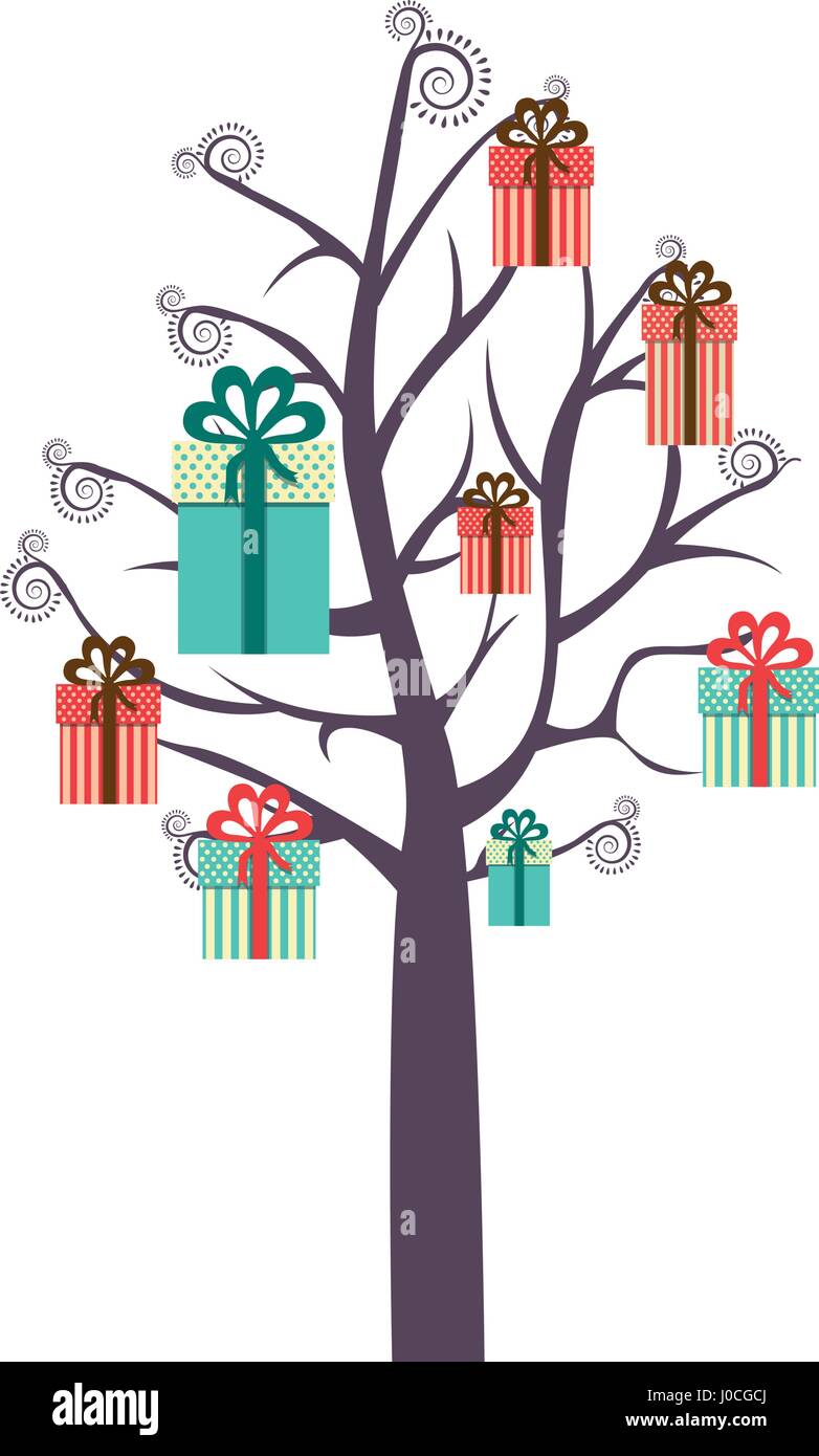 colorful background with tree with gift boxes hanging of the branches ...