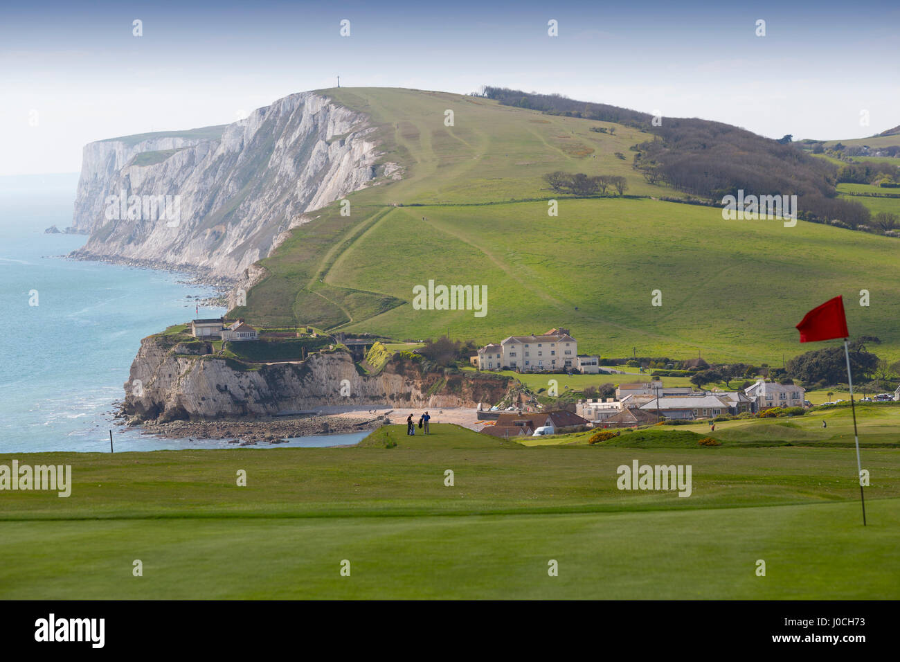 Two golfers stood on 1st T at Freshwater Bay Golf Club, Isle of Wight ...