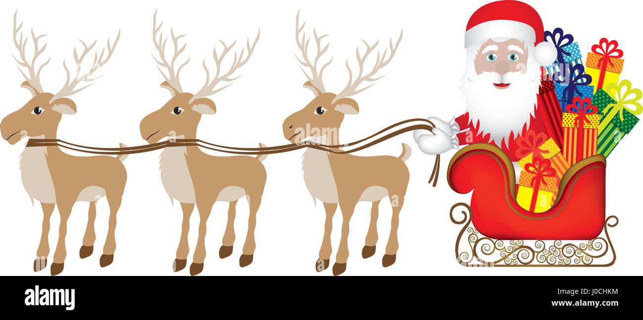 color background with set of three reindeers and santa claus in sleigh ...