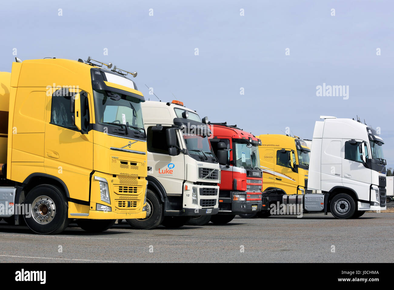 FORSSA, FINLAND - APRIL 9, 2017: Line up of colorful new and used Volvo ...