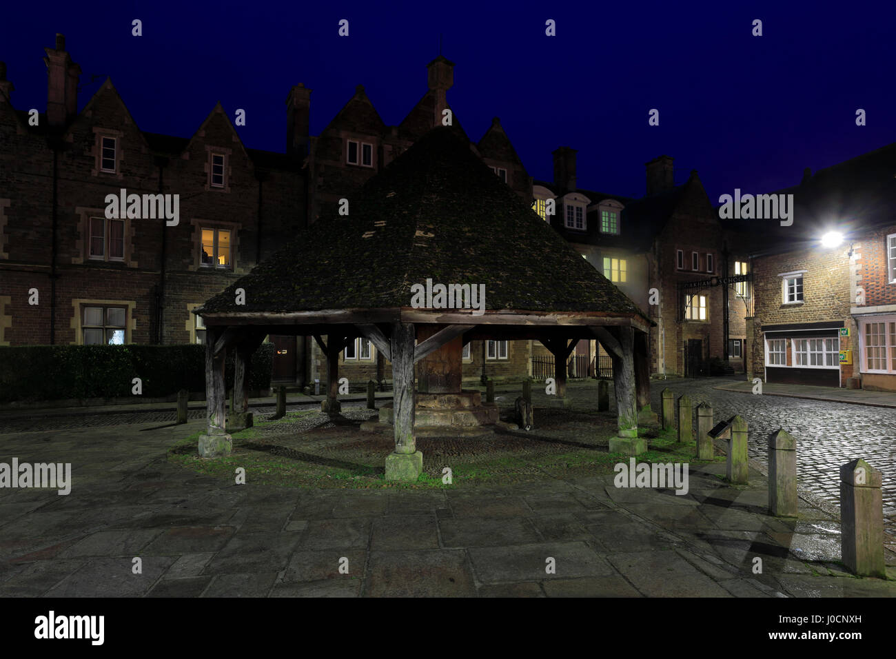 The Wooden Buttercross at night, market town of Oakham, Rutland County ...