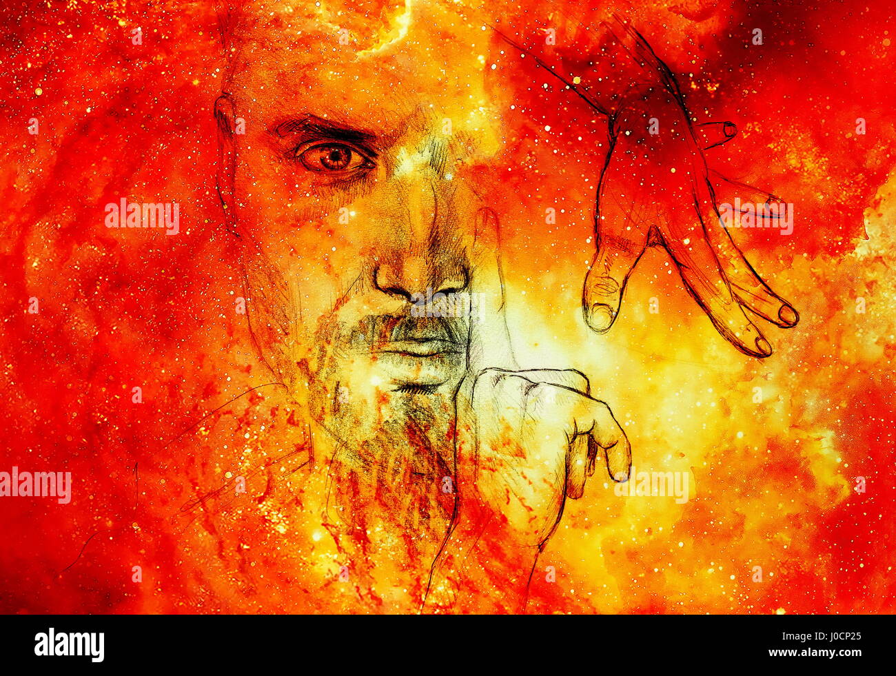 Mystic man and hands. Pencil drawing in Cosmic space Stock Photo - Alamy