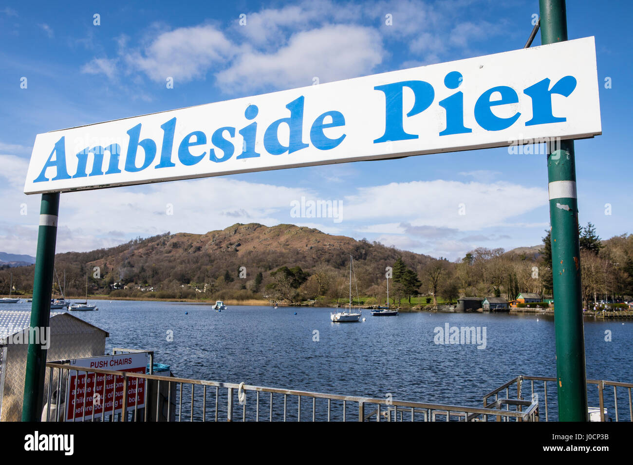 The sign for Ambleside Pier on Lake Windermere in the Lake District, UK ...