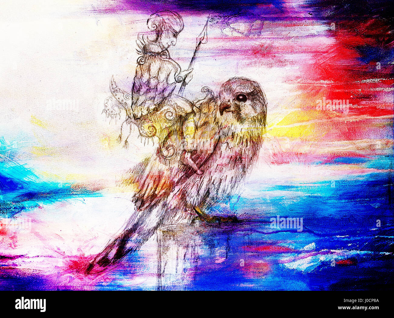 Elf Warrior on hawk. pencil drawing on old paper. Color effect Stock ...