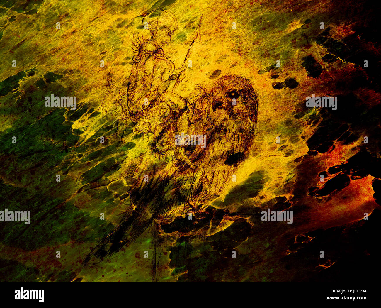 Elf Warrior on hawk. pencil drawing on old paper. Color effect Stock ...