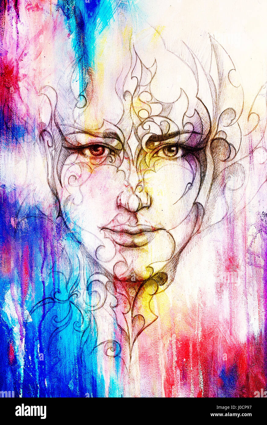 Mystic man face and ornament. pencil drawing on old paper Stock Photo ...
