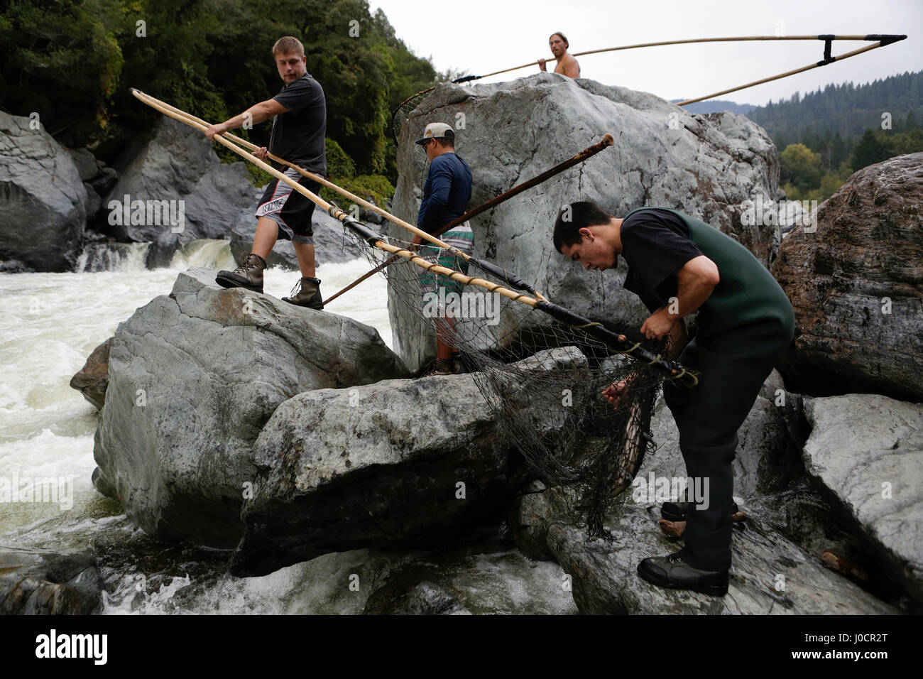 Clayton Tuttle (right) of the Karuk Indian Tribe removes a salmon from ...