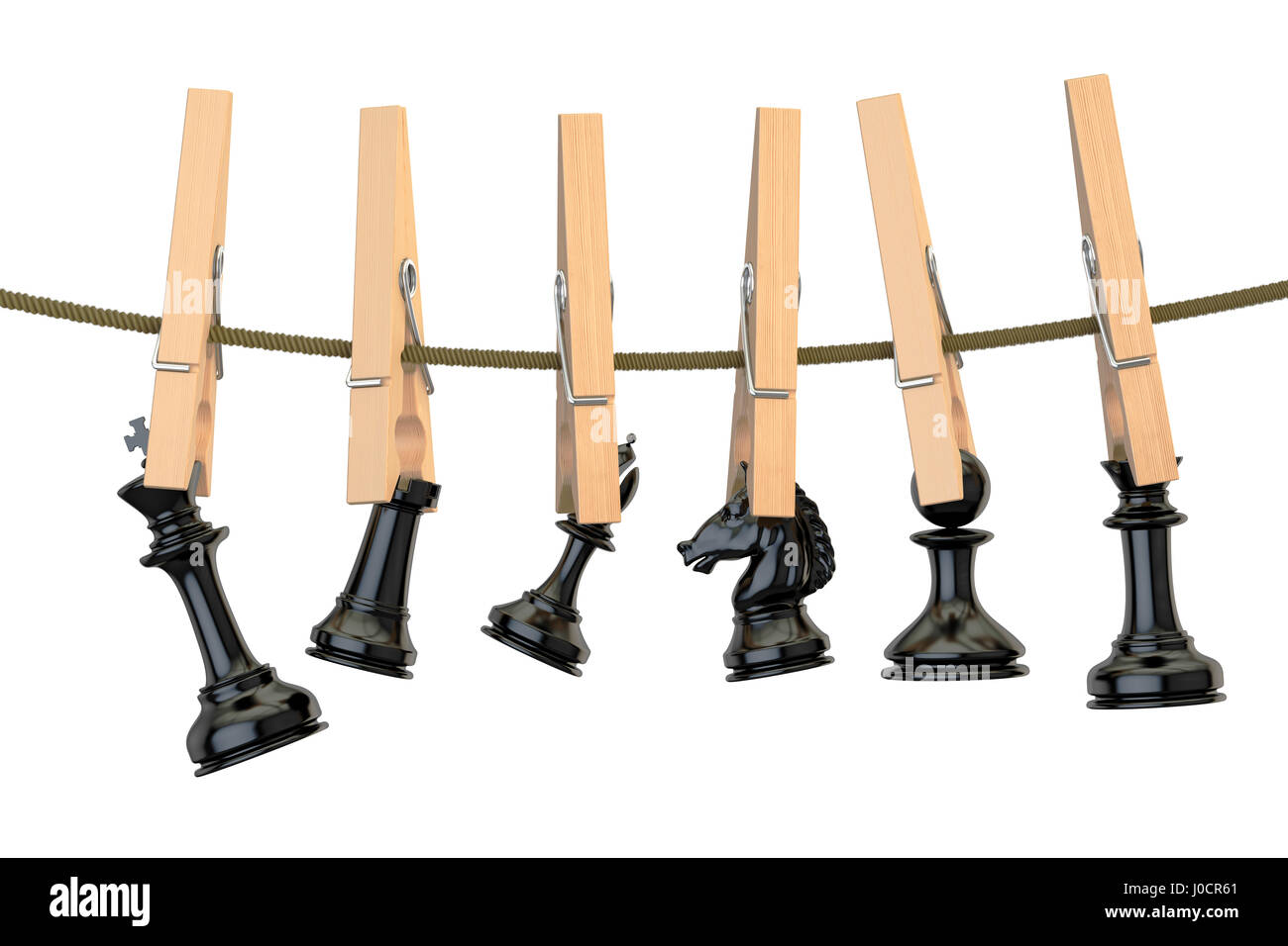 Black chess figures on rope with clothespin, 3D rendering Stock Photo ...