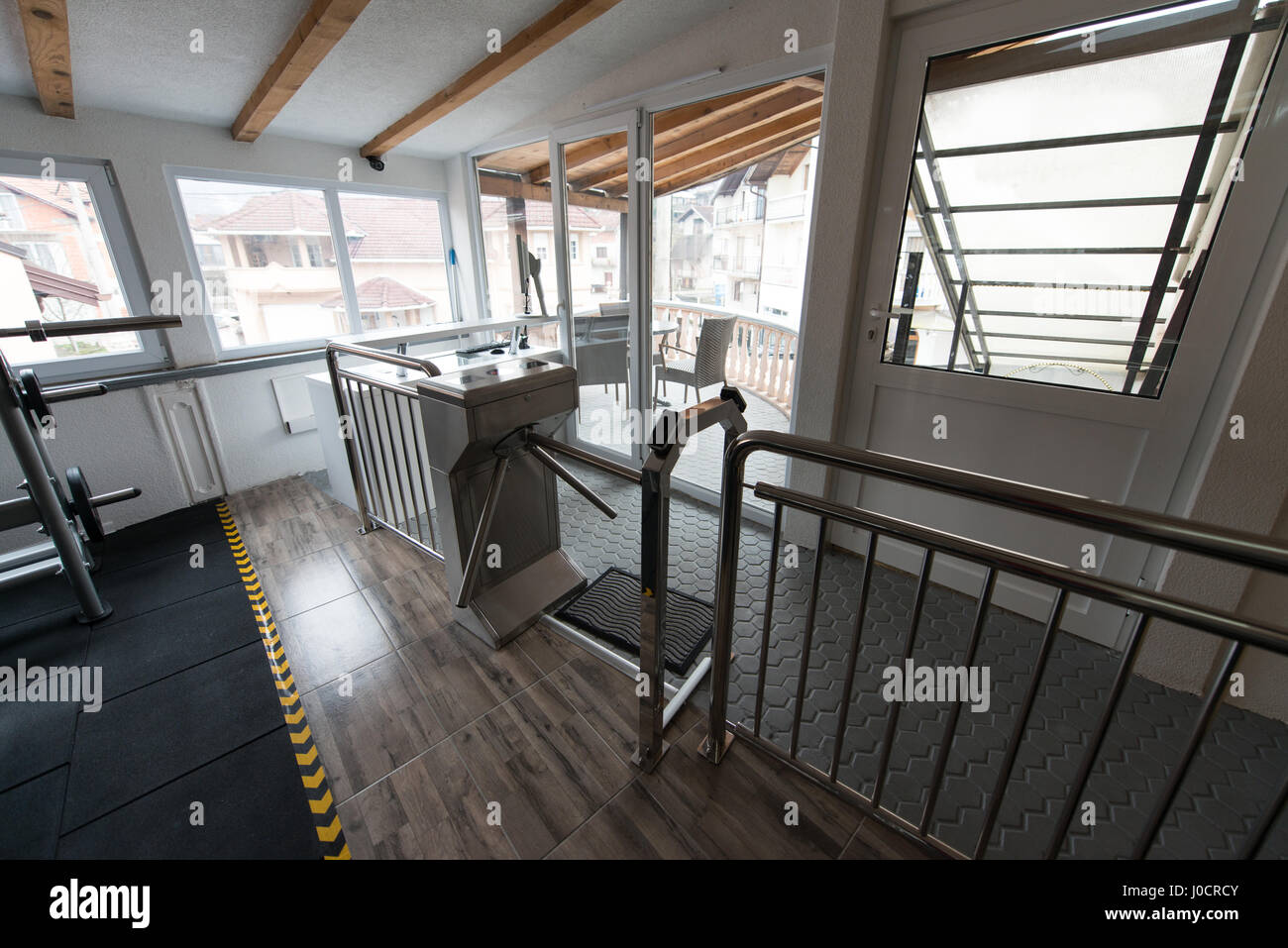 Modern Entrance Close Up In Gym Room Fitness Center With Equipment And ...