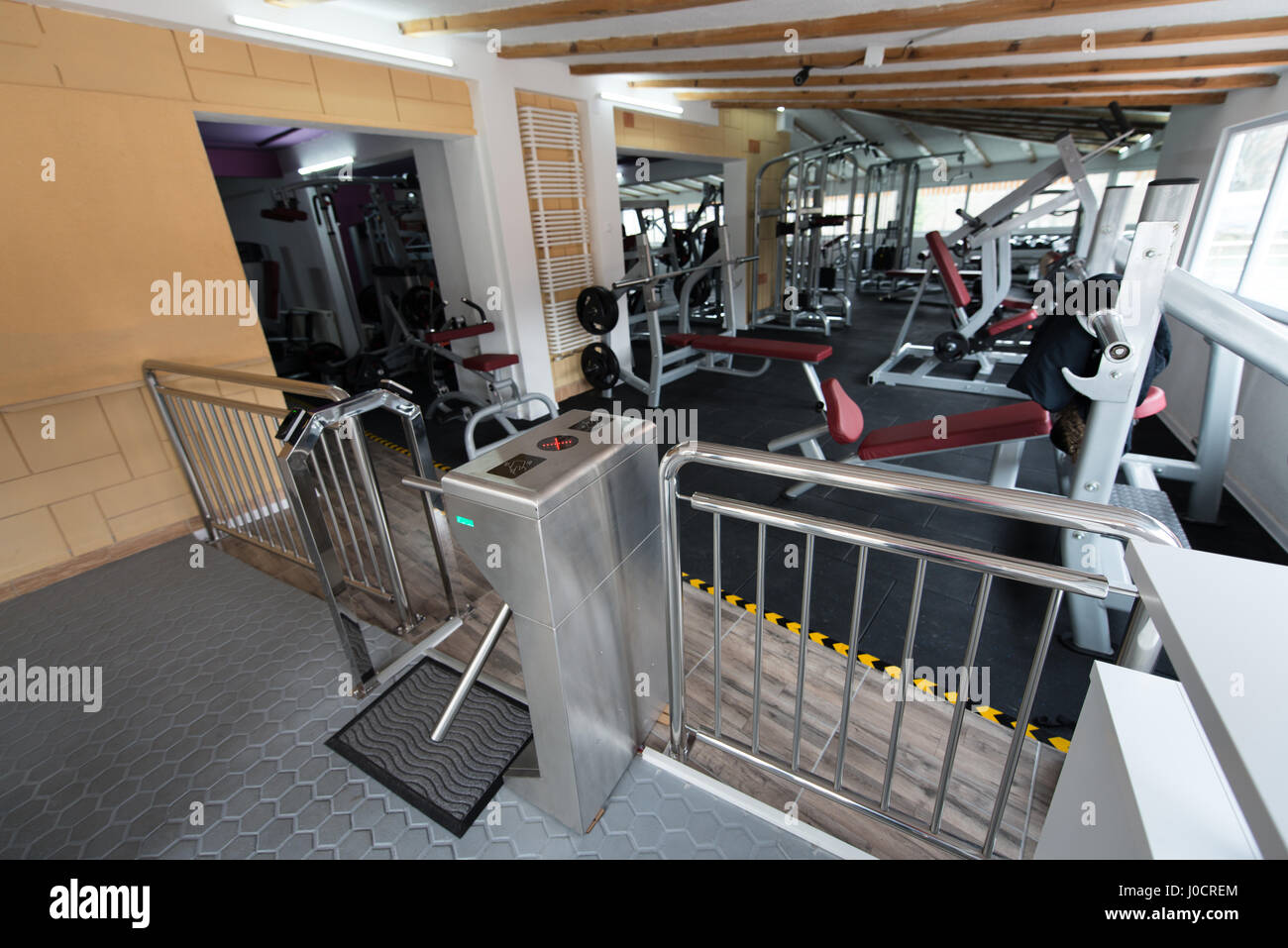 Modern Entrance Close Up In Gym Room Fitness Center With Equipment And ...