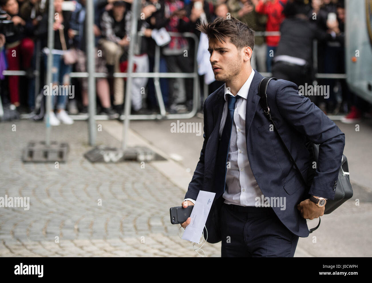 Real Madrid's, Alvaro Morata, arrives at the team hotel in Munich ...