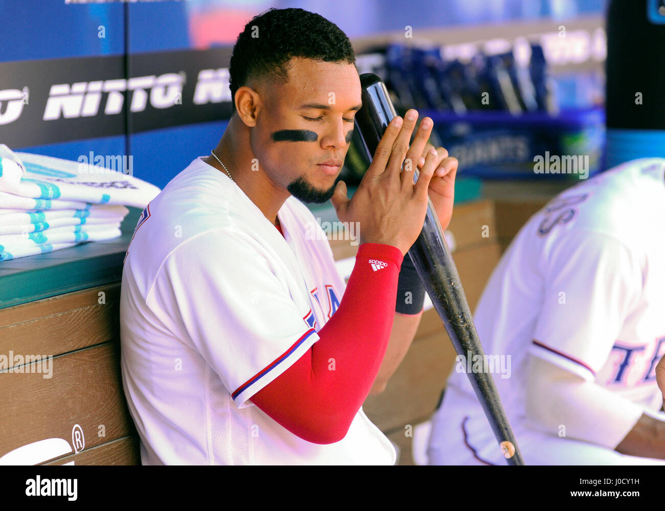 APR 09, 2017: Texas Rangers center fielder Carlos Gomez #14 holds his ...