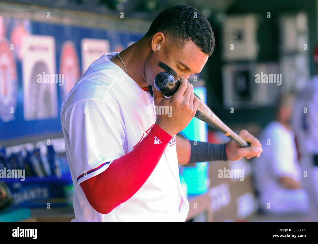 APR 09, 2017: Texas Rangers center fielder Carlos Gomez #14 kisses his ...