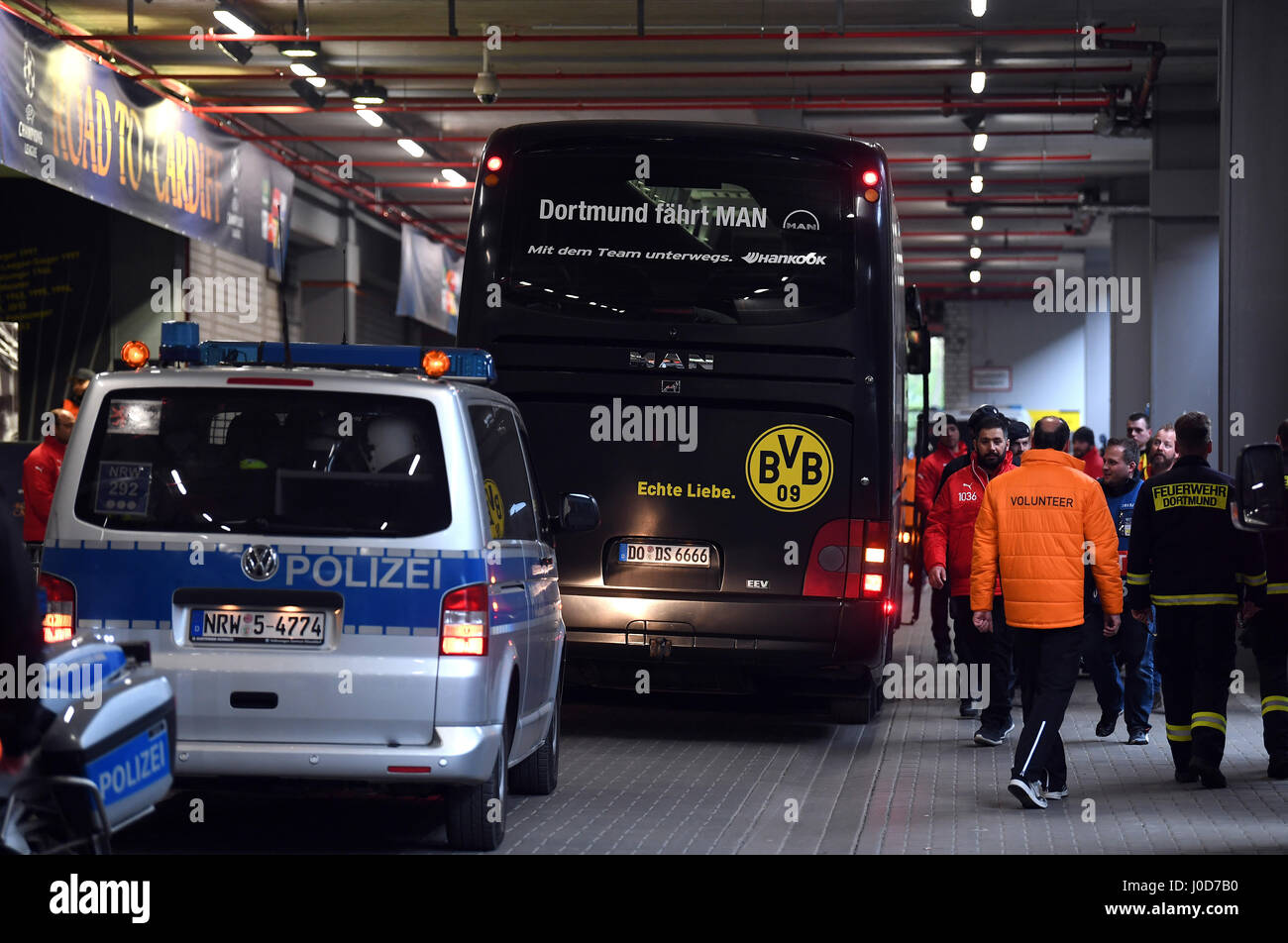 The Borussia Dortmund team bus arrives in the club's stadium ahead of ...