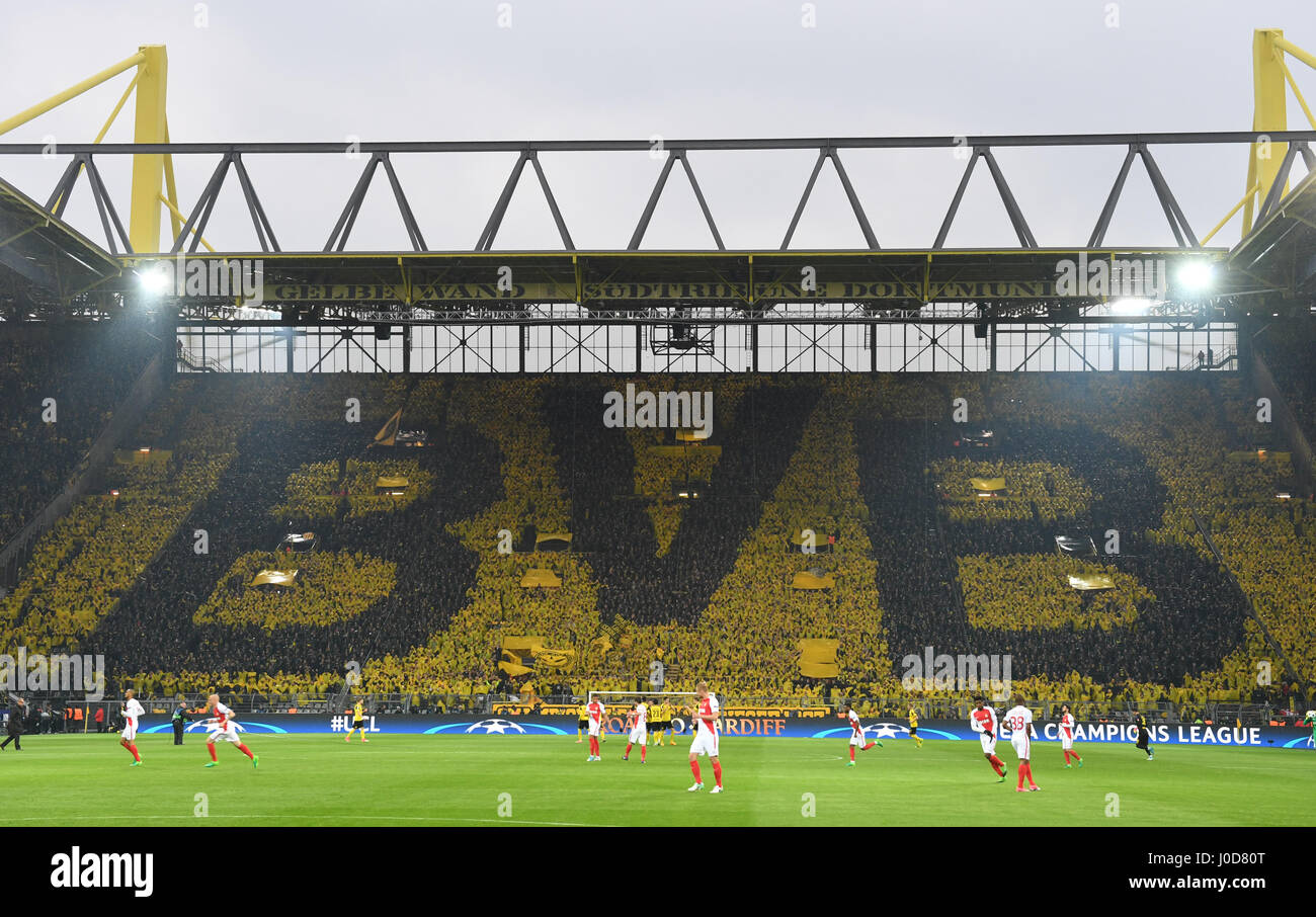 Dortmund, Germany. 12th Apr, 2017. Borussia fans in the stands ahead of ...