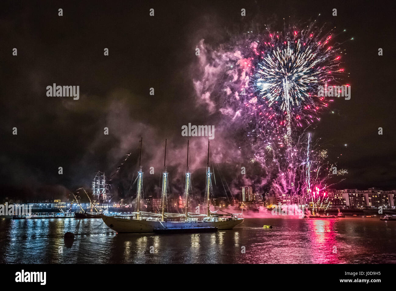 London, UK. 12th April, 2017. Firework display over the Thames marks ...