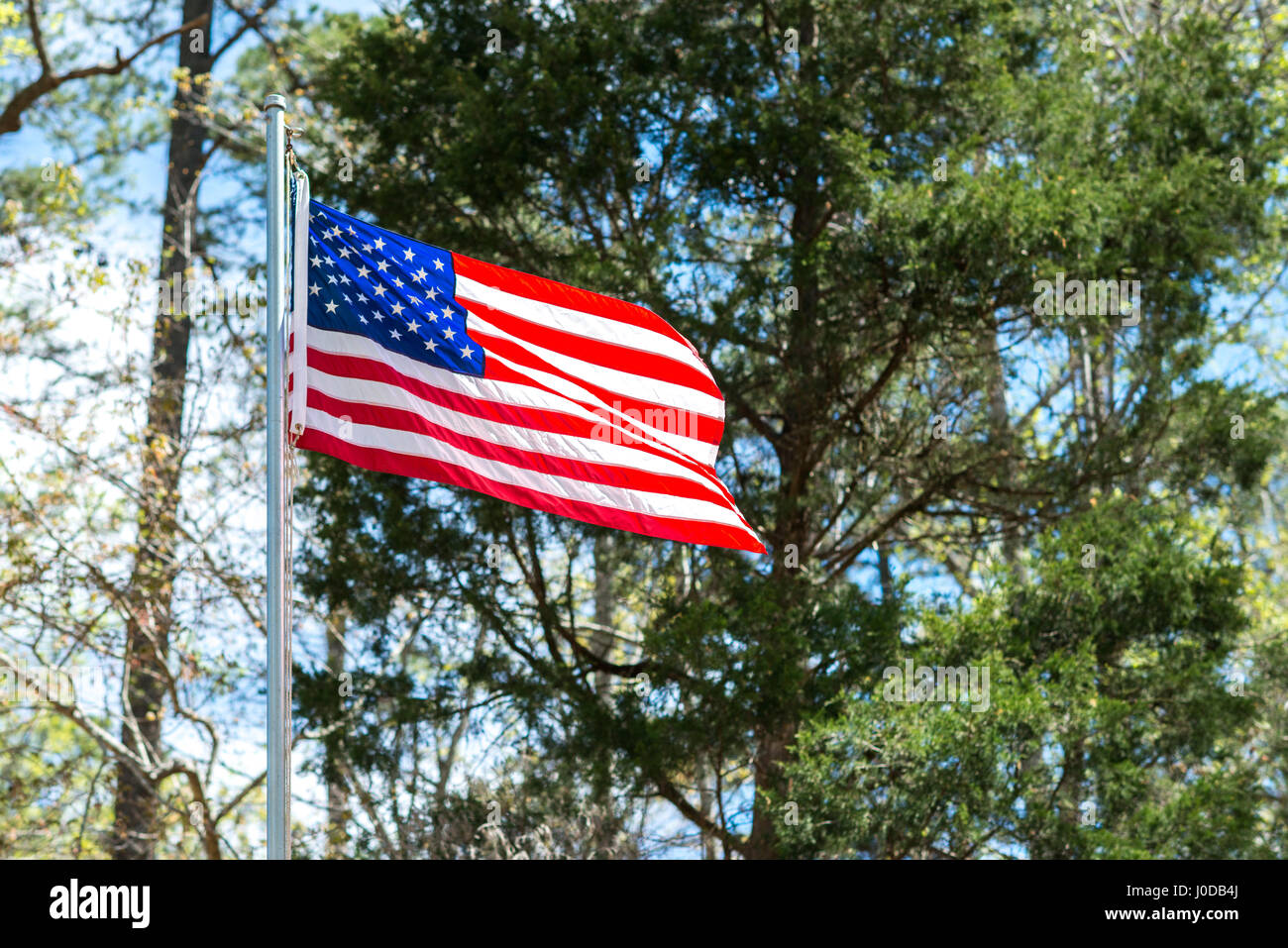 American flag blowing in wind on a spring day in the woods Stock Photo ...