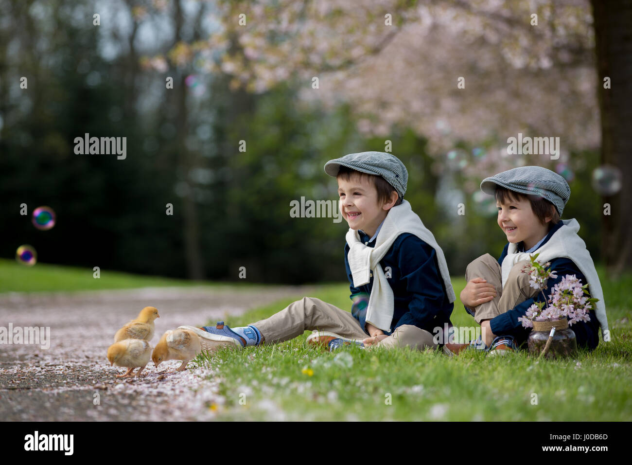 Two adorable preschool children, boy brothers, playing with little ...