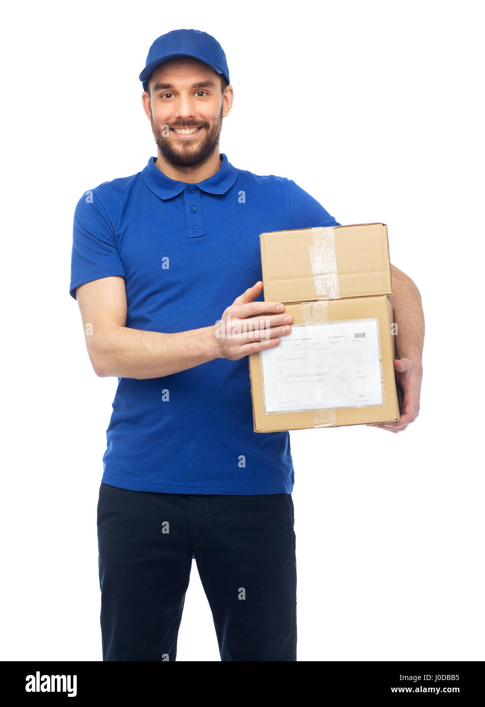 happy delivery man with parcel boxes Stock Photo - Alamy
