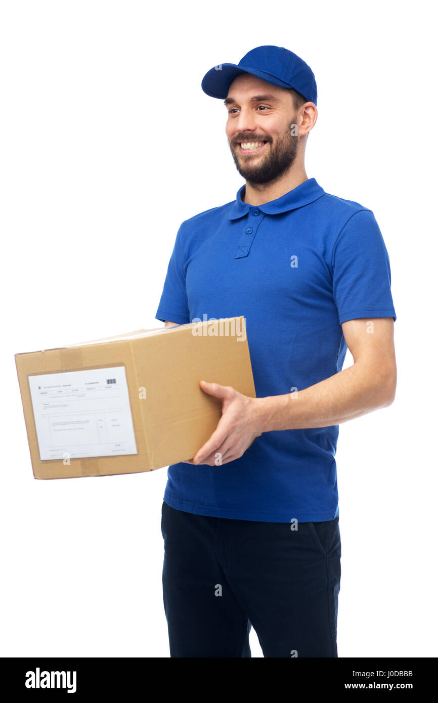 happy delivery man with parcel box Stock Photo - Alamy