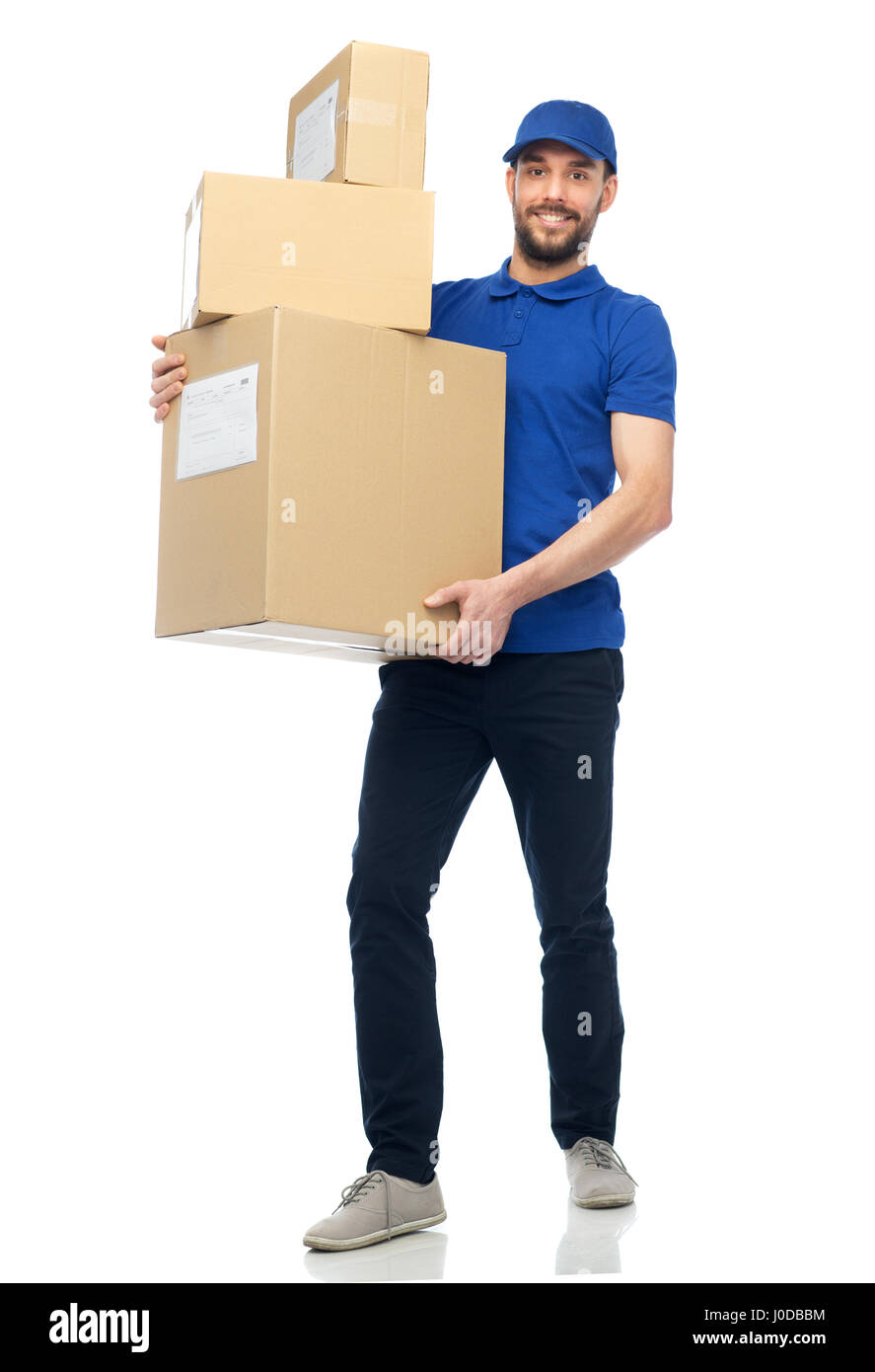 happy delivery man with parcel boxes Stock Photo - Alamy