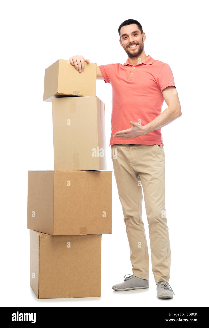 happy man with cardboard boxes Stock Photo - Alamy