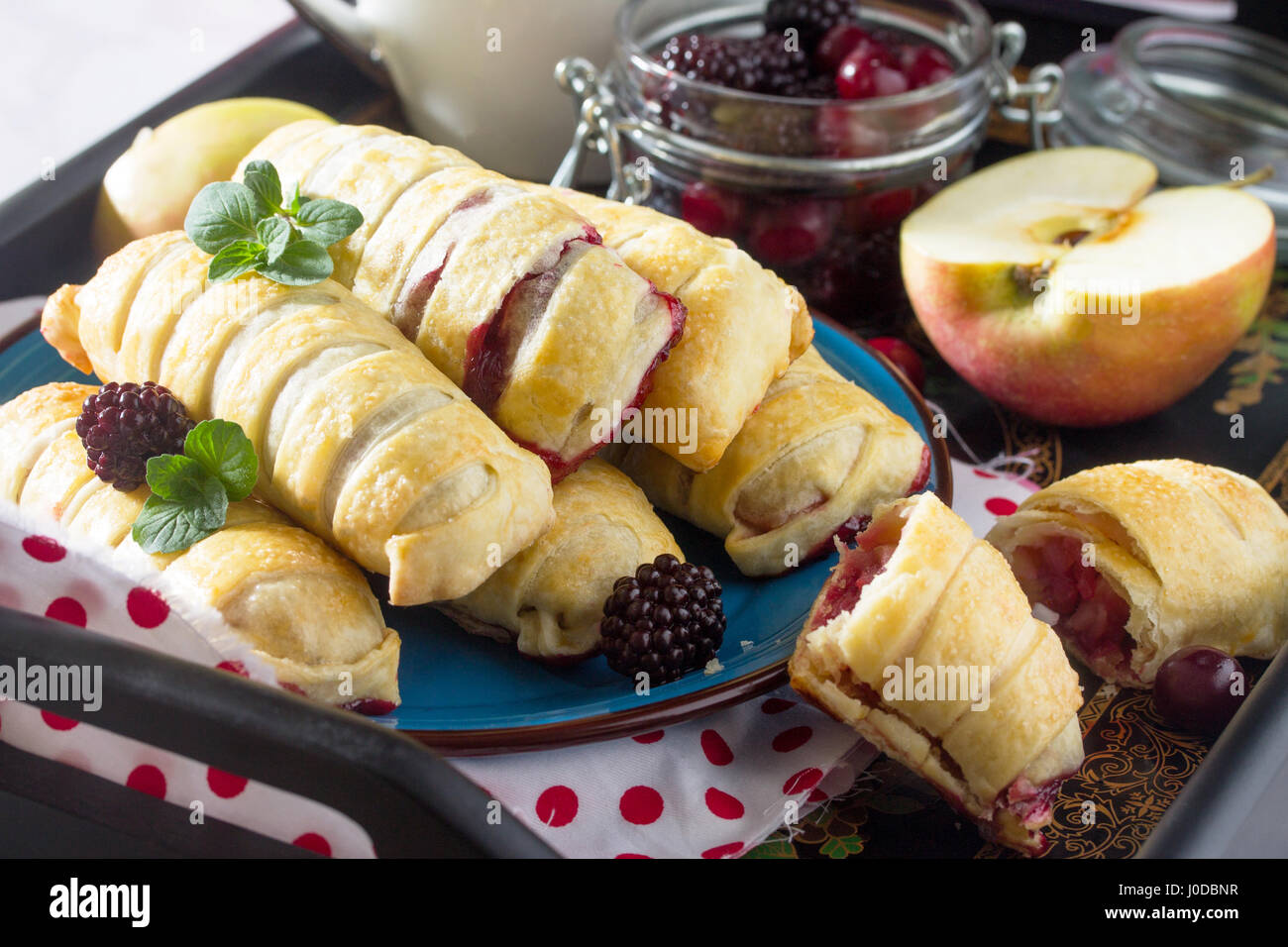 Breakfast background. Homemade apple mini strudel with fresh apples ...