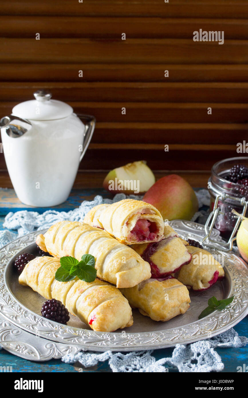 Breakfast background. Homemade apple mini strudel with fresh apples ...