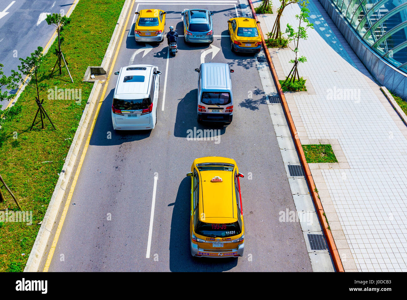 TAIPEI, TAIWAN - MARCH 28: This is an aerial view of road with taxis ...