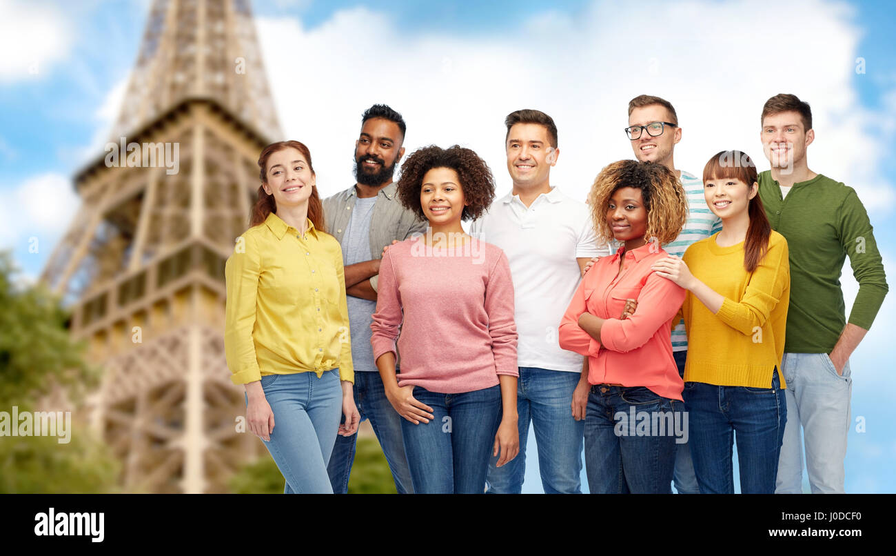international group of people over eiffel tower Stock Photo - Alamy