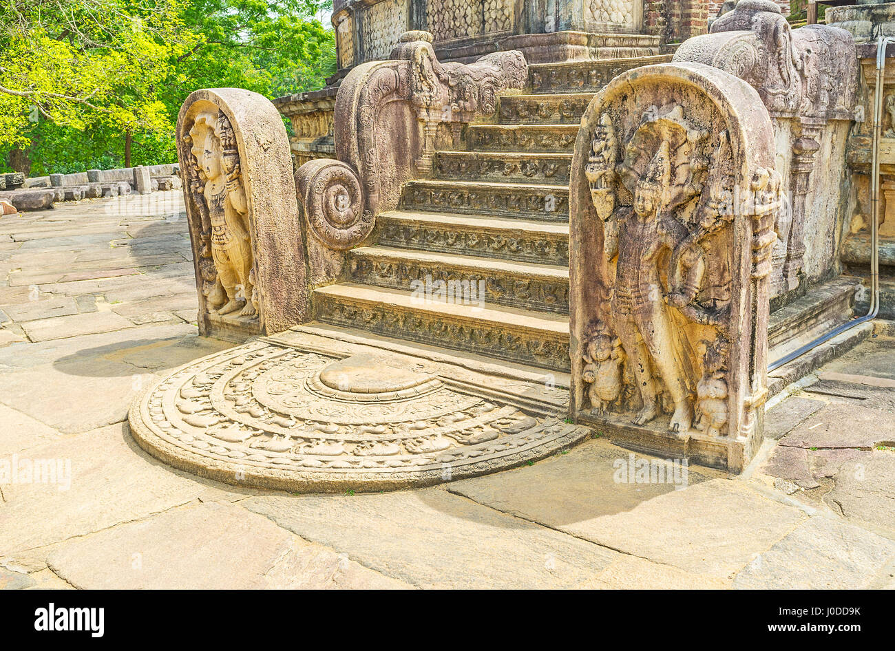 The reliefs on preserved moonstone, carved stairs and Naga-raja statues ...