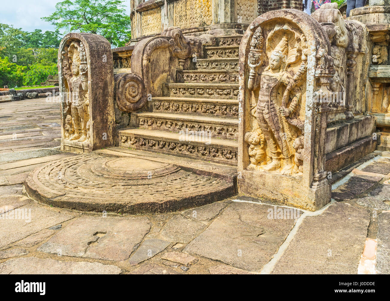 The stairs to the ancient Buddhist Shrine (Vatadage), decorated with ...