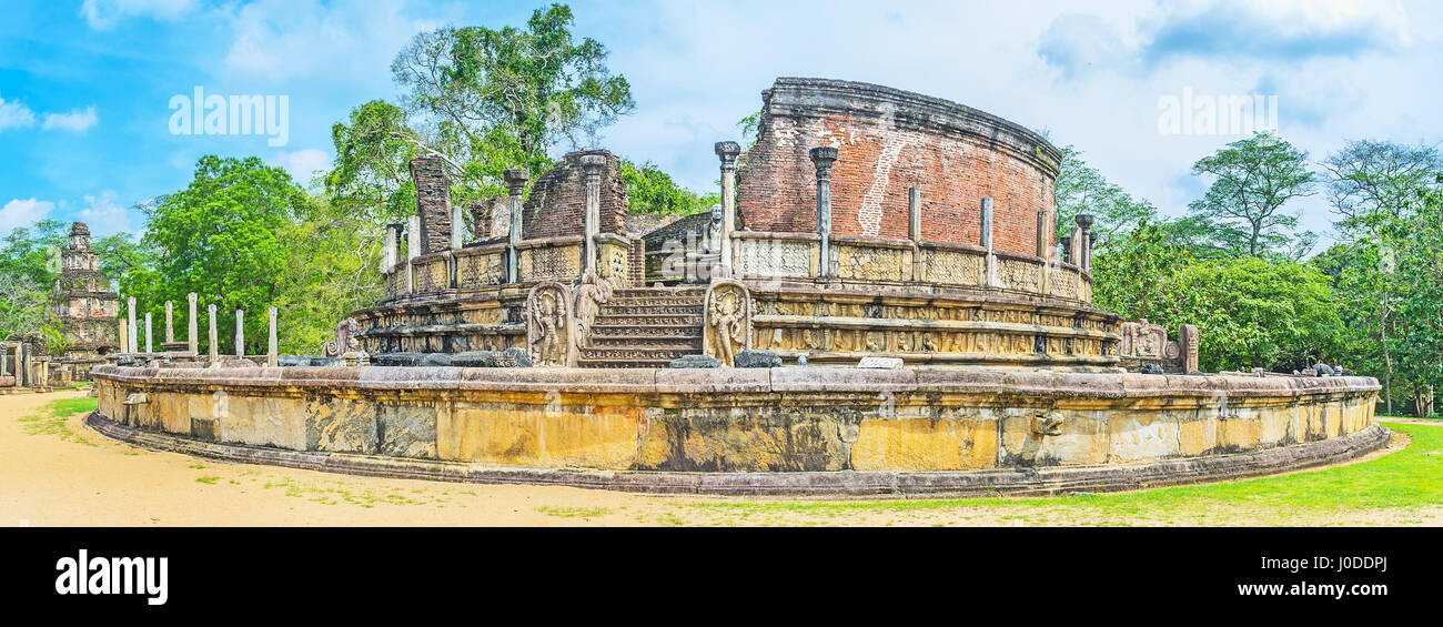 Panorama of the Stupa House (Vatadage), surrounded by stone fence and ...