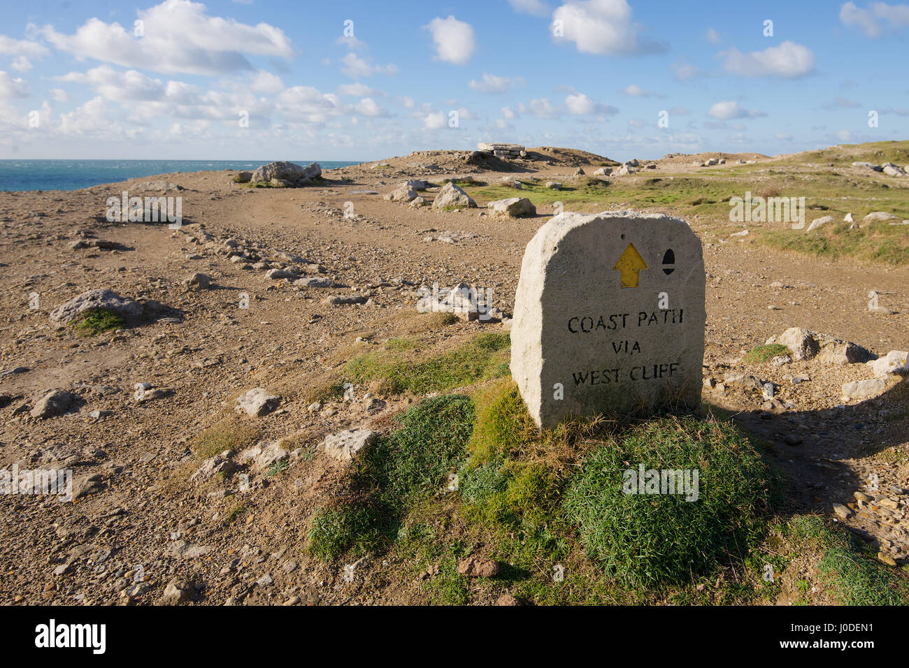 Sign for the coastal path on The Isle of Portland, Dorset, England ...