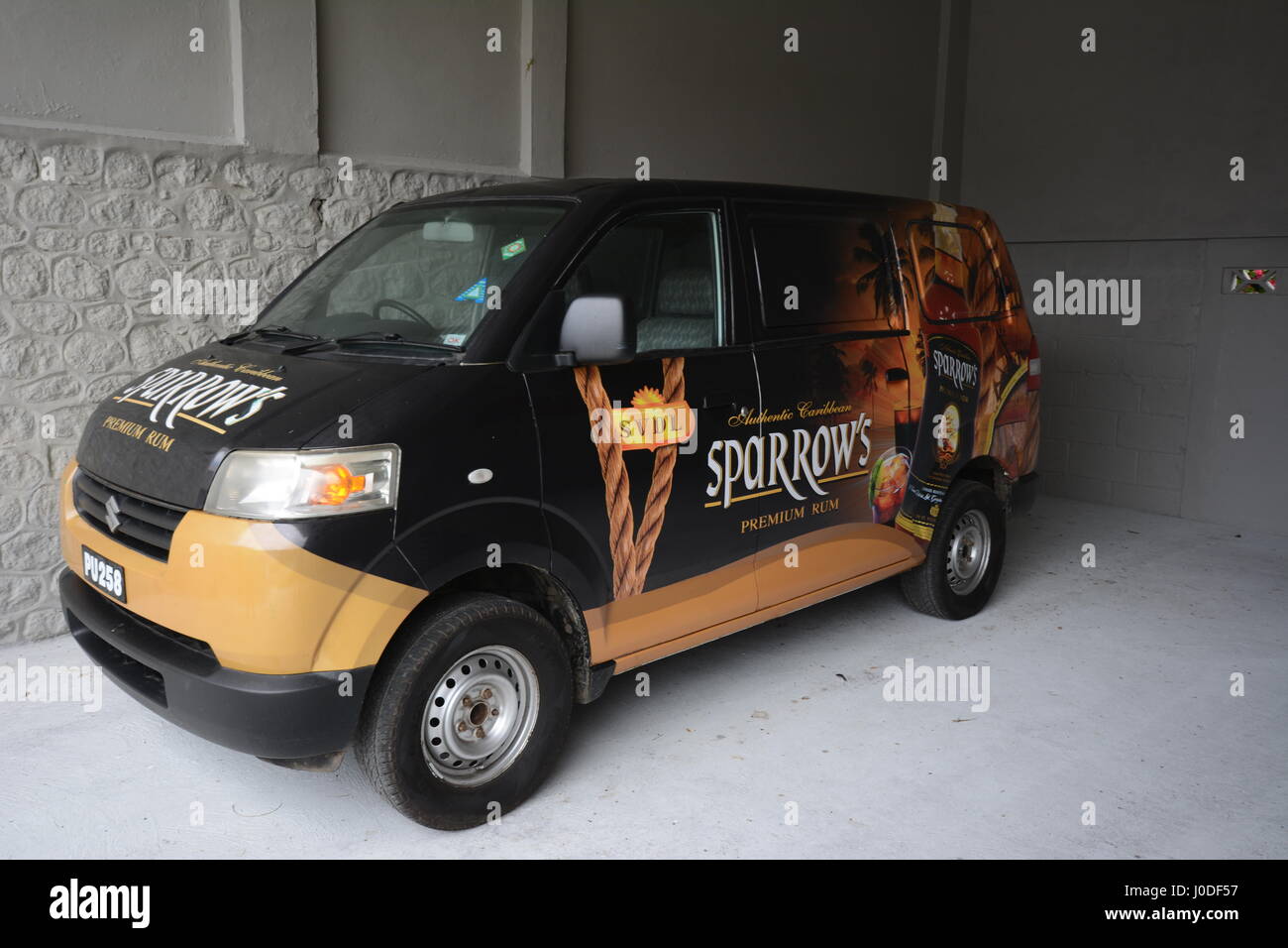 Sparrows van with advert sign at Rum factory St Vincent Caribbean Stock ...