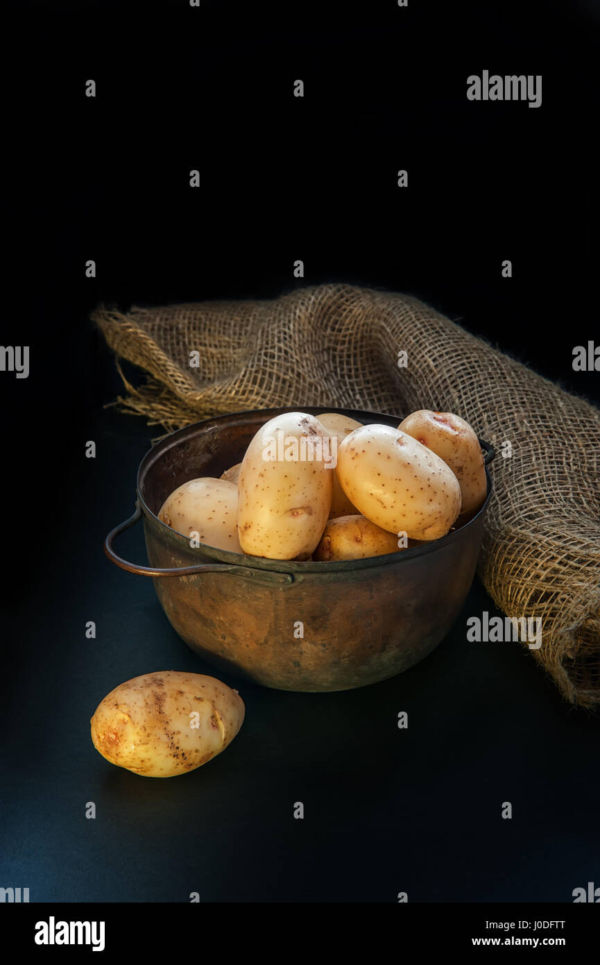 round yellow potatoes lying in the pot and on the table the lighting is ...