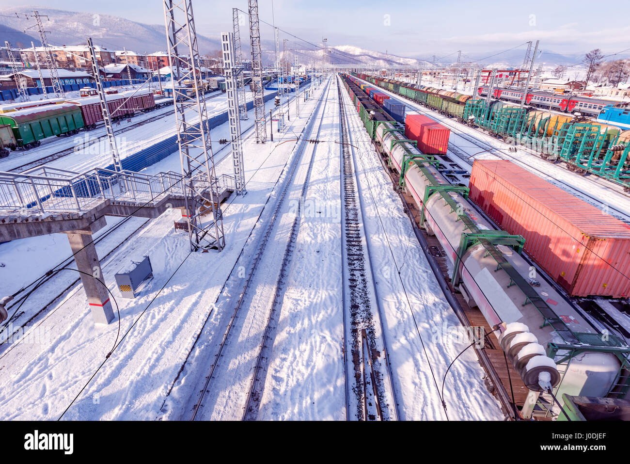 Freight trains on Slyudyanka station. Trans Siberian railway. Russia ...