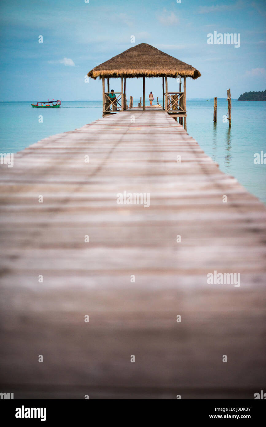 Sunset on the beach with pier, Koh Rong Sanloem Island, Cambodia, Asia ...