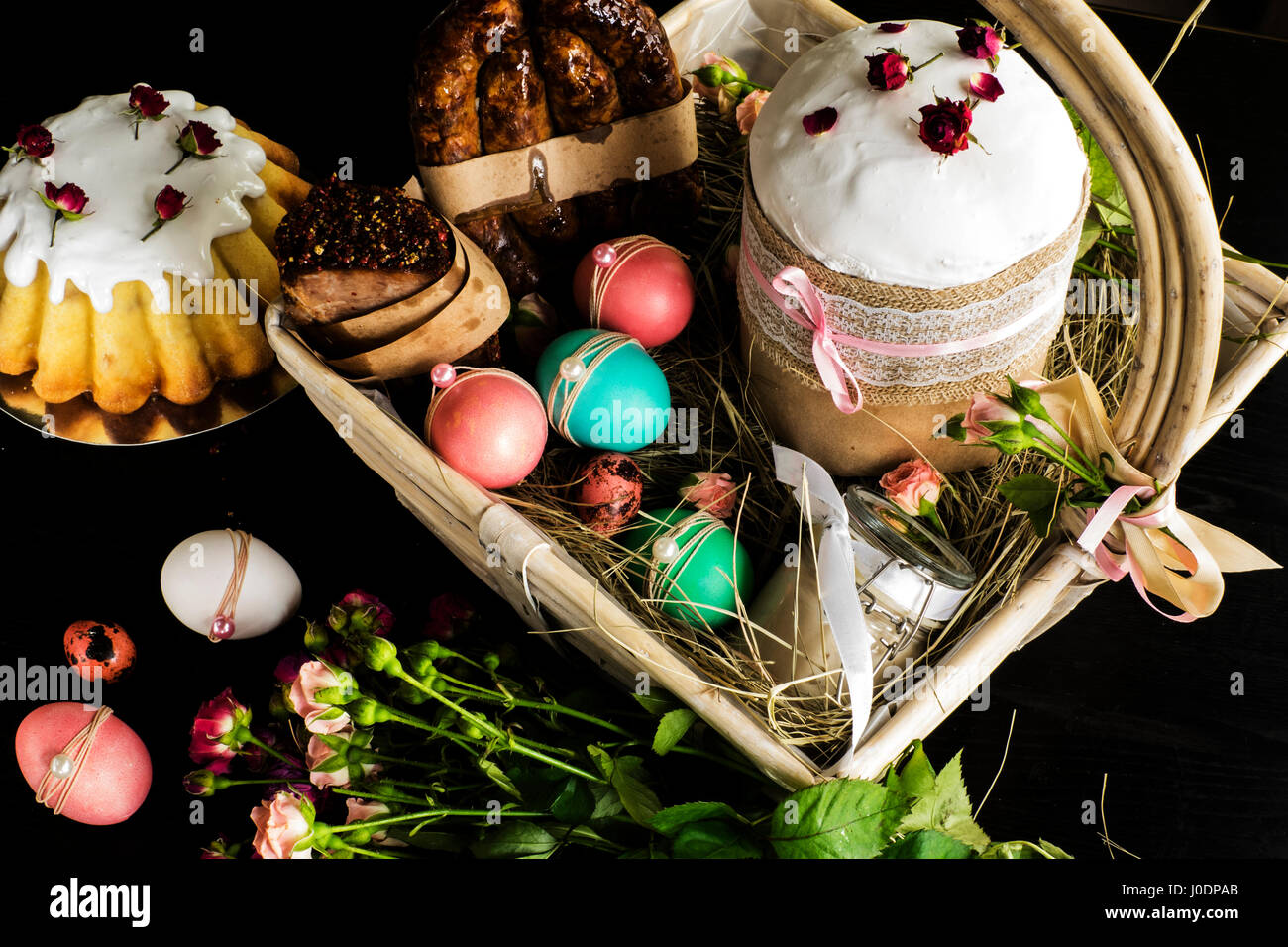Easter basket for ceremony witn different food: Easter cake, dyed eggs ...