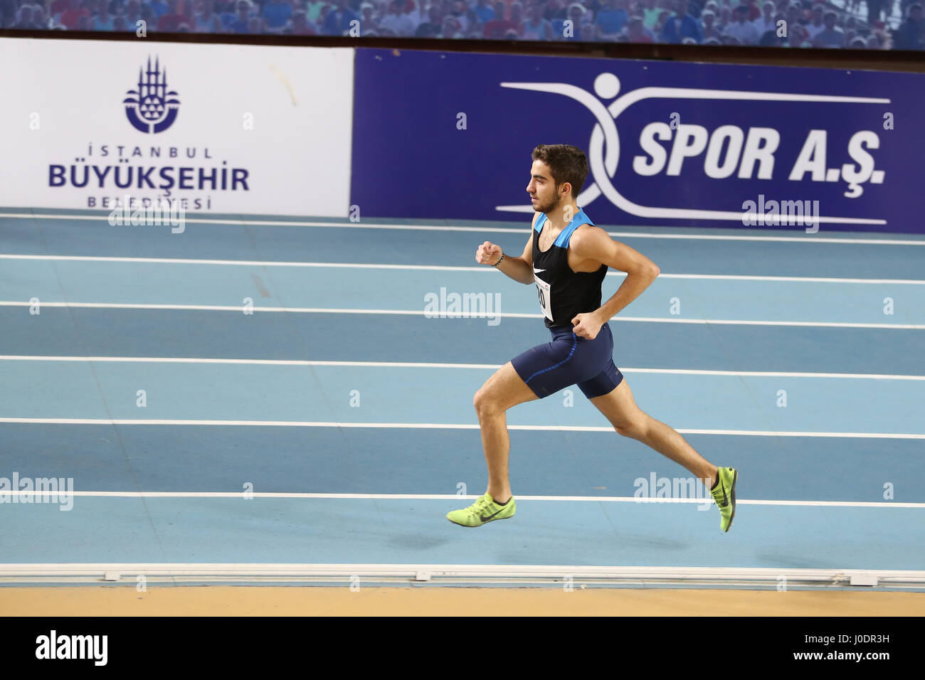 ISTANBUL, TURKEY - JANUARY 28, 2017: Athlete Gurkan Okul running during ...