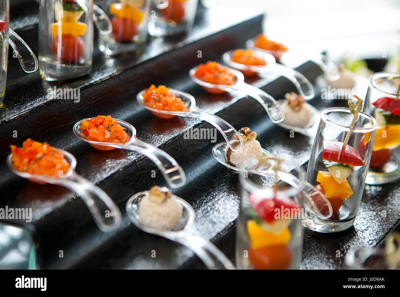 catering services background with snacks on guests table in restaurant ...
