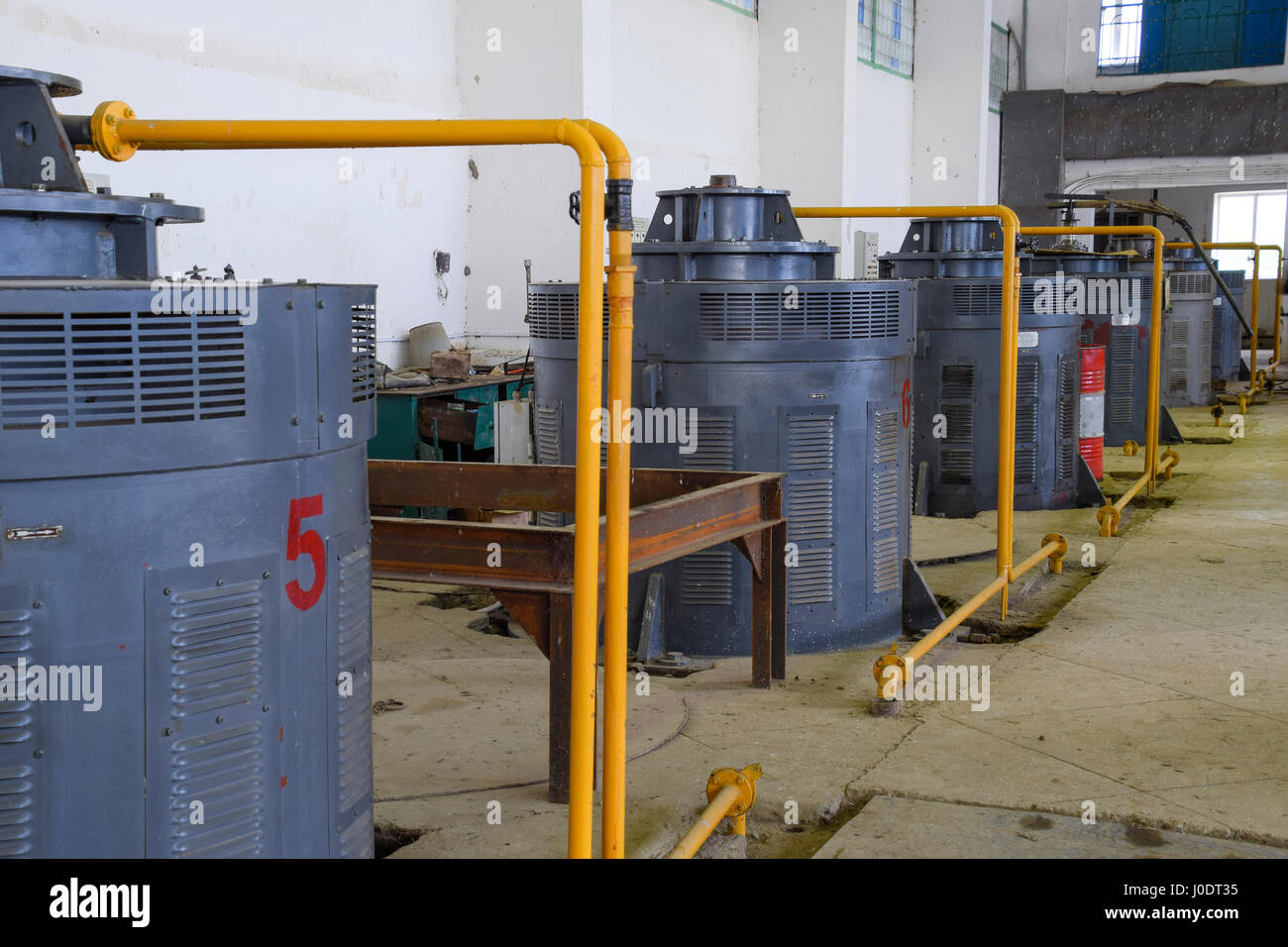Engines of water pumps at a water pumping station. Pumping irrigation ...