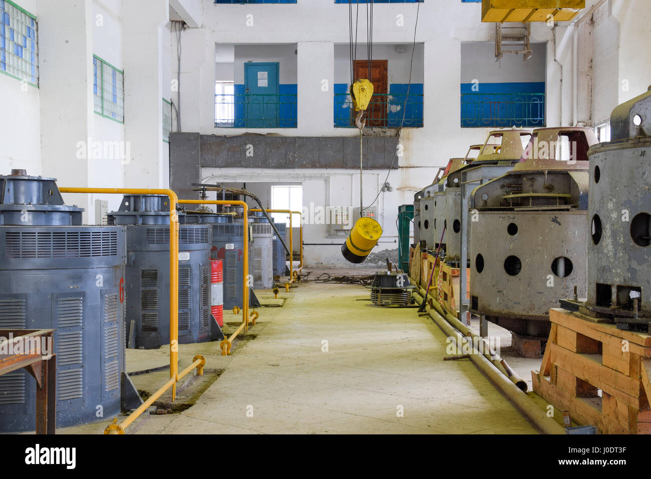 Engines of water pumps at a water pumping station. Pumping irrigation ...