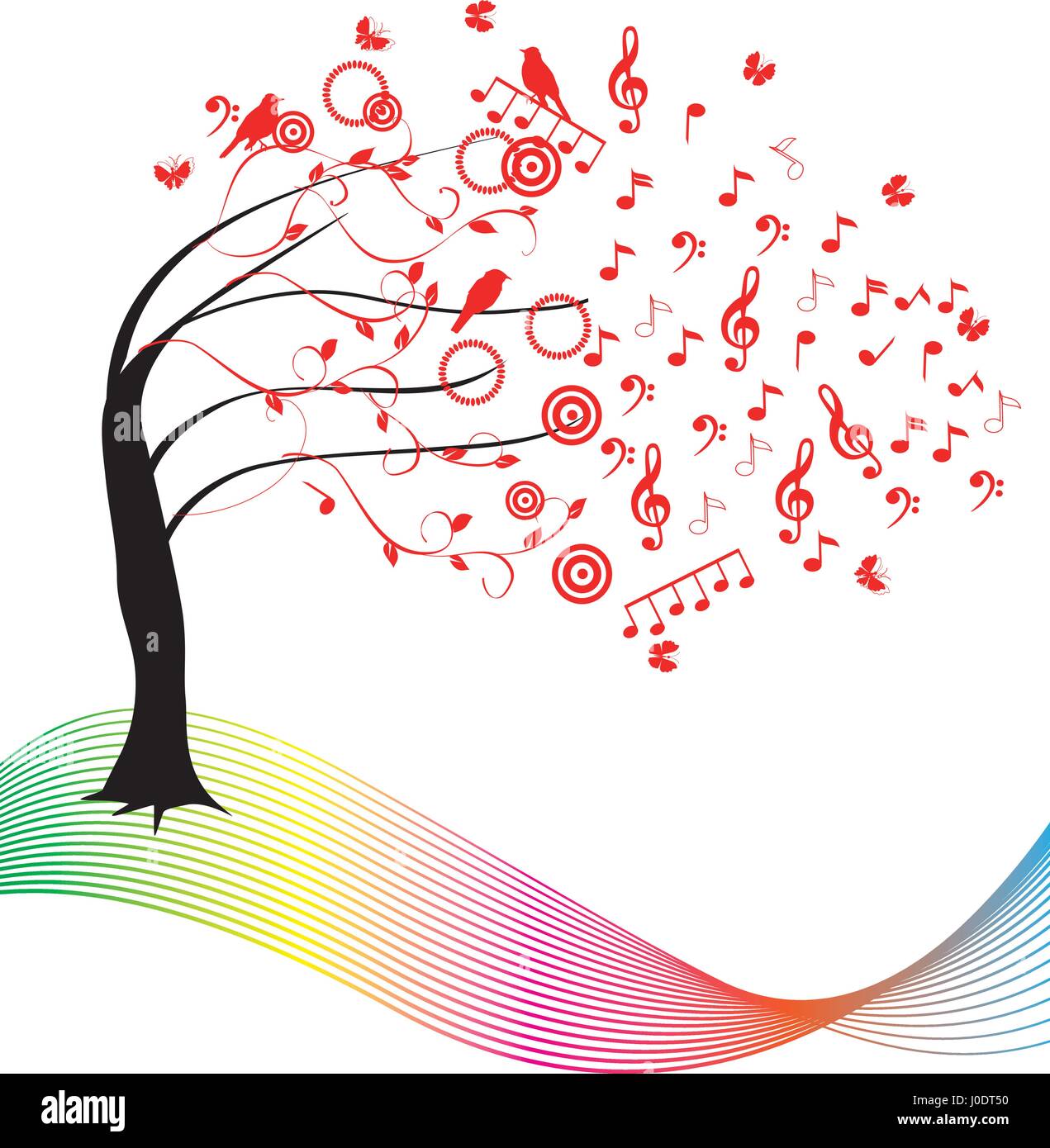 vector illustration of a musical tree with birds and butterflies Stock ...