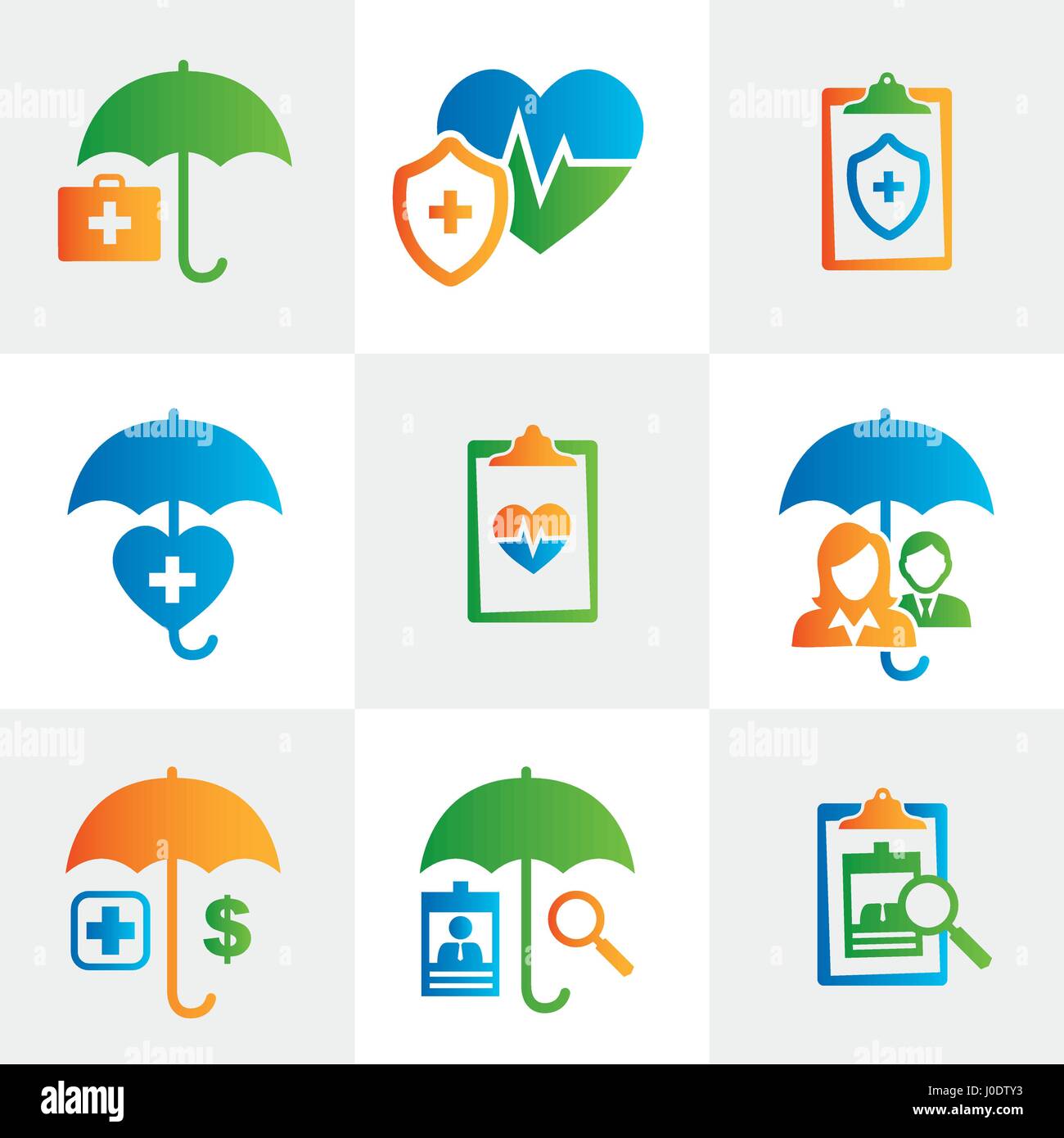Medical Healthcare Insurance Icons with People Figures and Heart, EKG ...